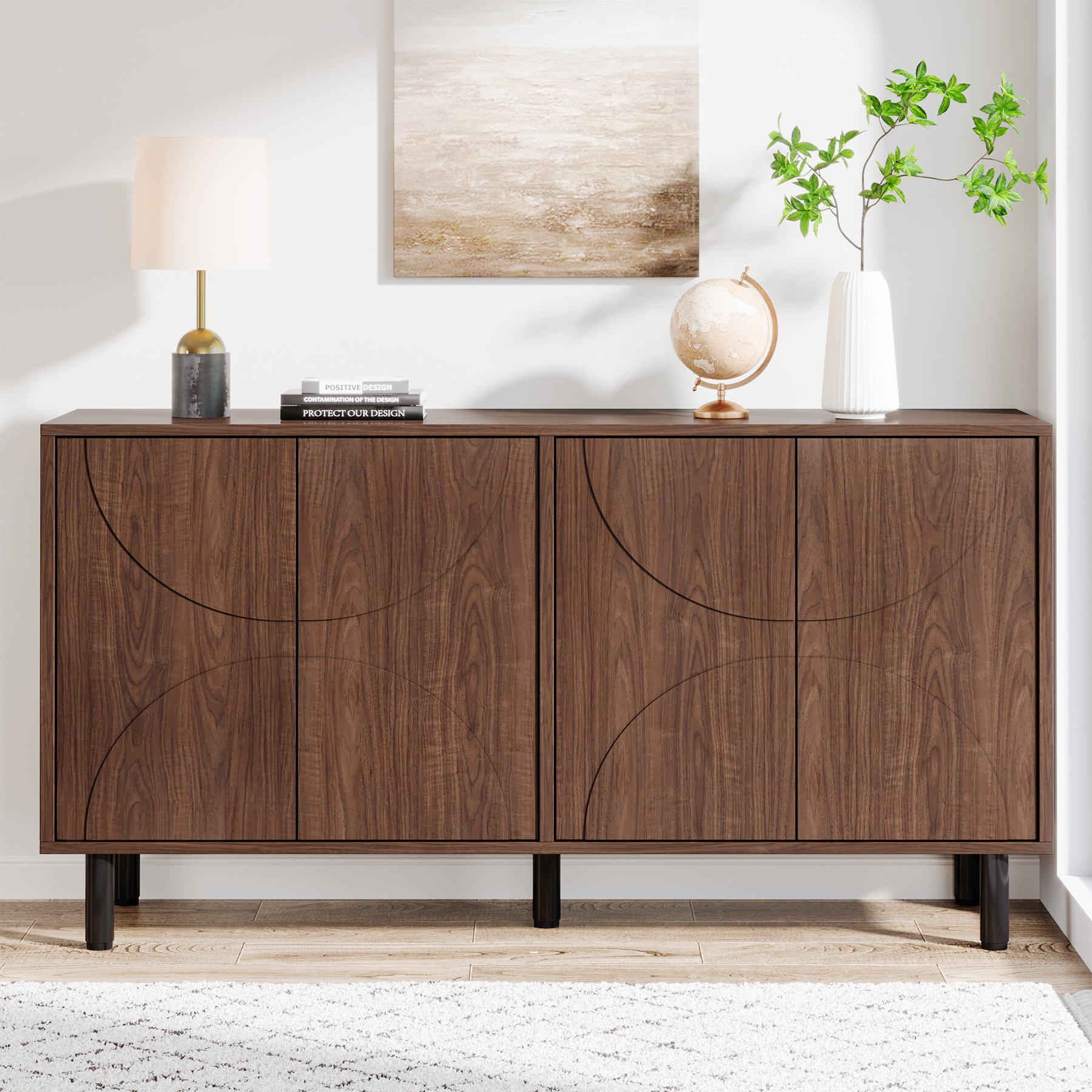 Ebern Designs Sideboard Buffet Cabinet, 55" Accent Storage Cabinet With 4 Doors And Adjustable ...